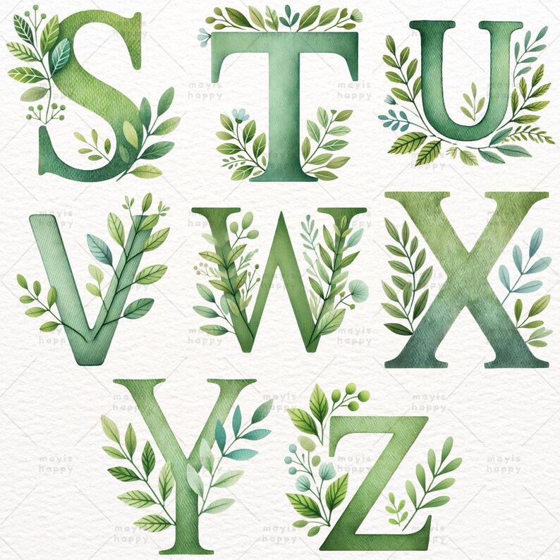 Greenery Alphabet, Leaves Alphabet, Greenery Clipart, Leaves Clipart ...