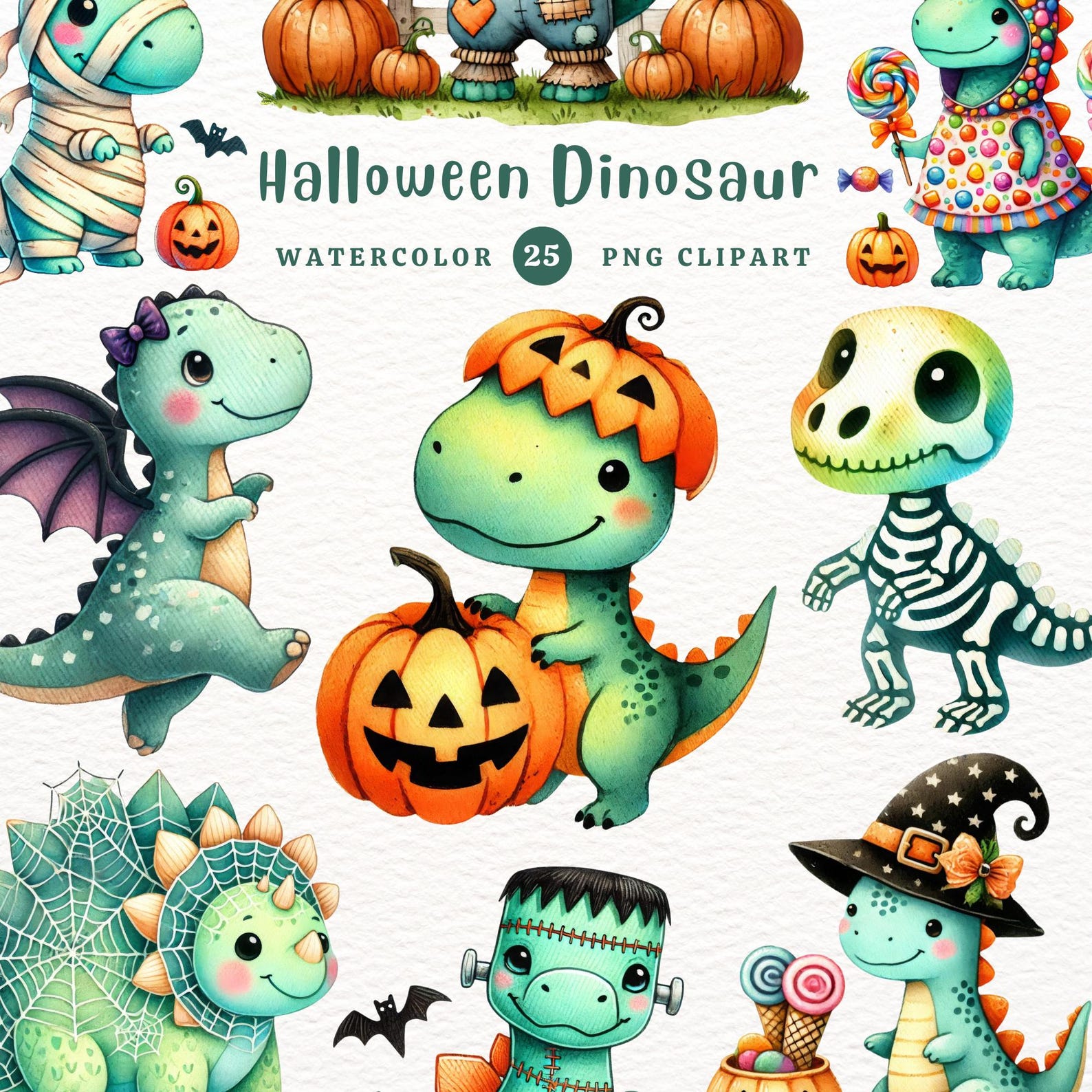 Halloween Dinosaur Watercolor Clipart: 25 PNG Bundle (digital Download ...