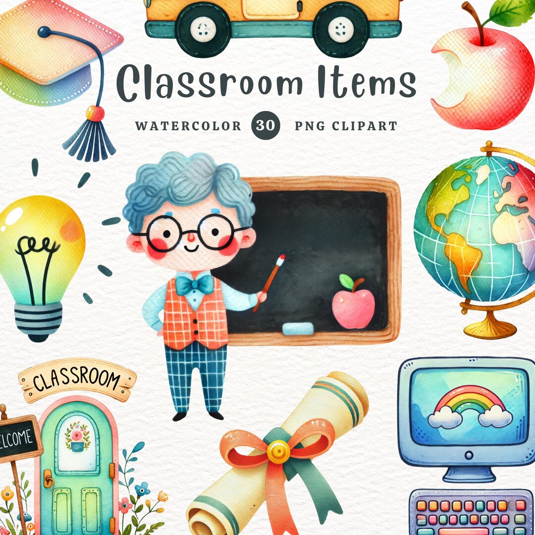 Watercolor Classroom Clipart: 30 PNG School Items (digital Download) - Etsy