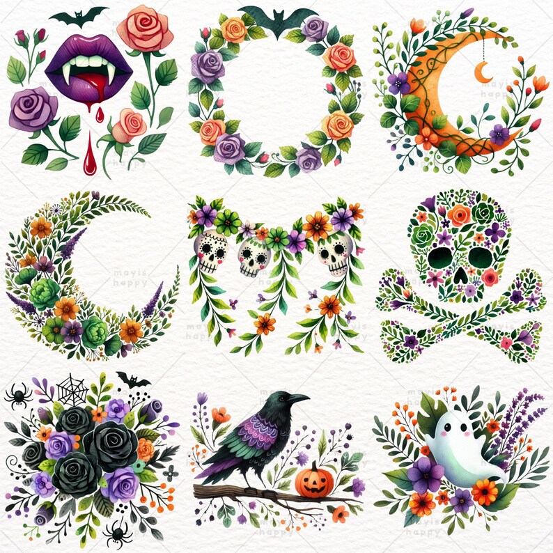 Halloween Flower Clipart: Watercolor Floral PNG Bundle (digital ...