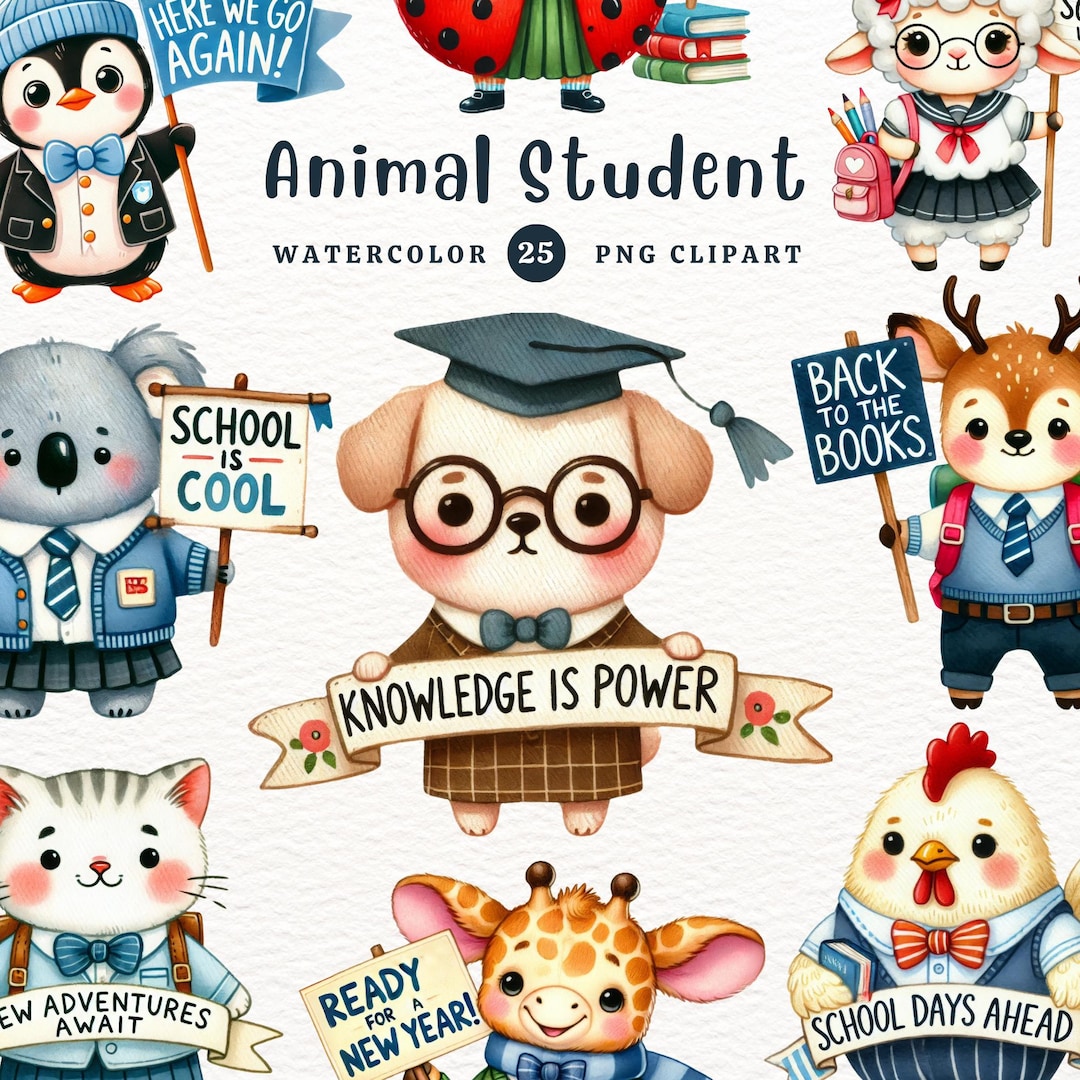 Animal Student Clipart, Animal Student PNG, Back to School, Gift for ...