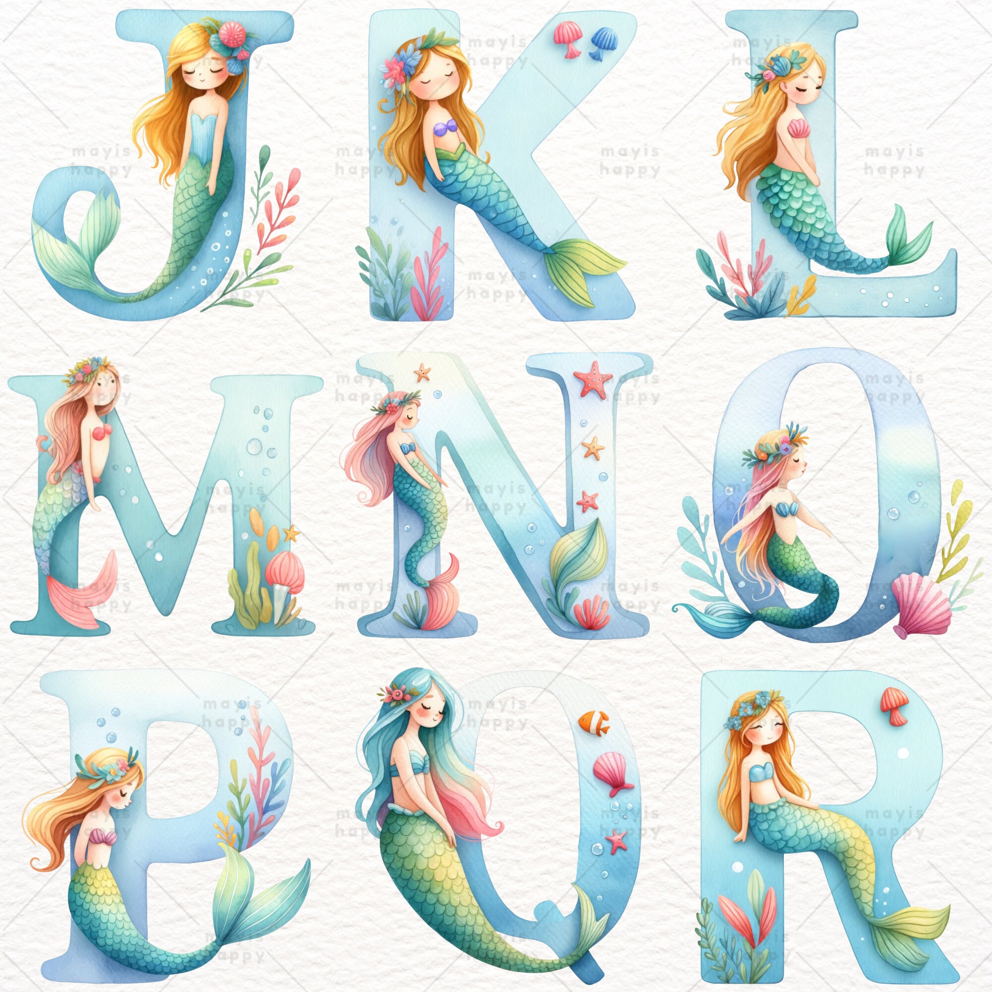 Mermaid Alphabet Clipart: Watercolor Doodle PNG (digital Download) - Etsy