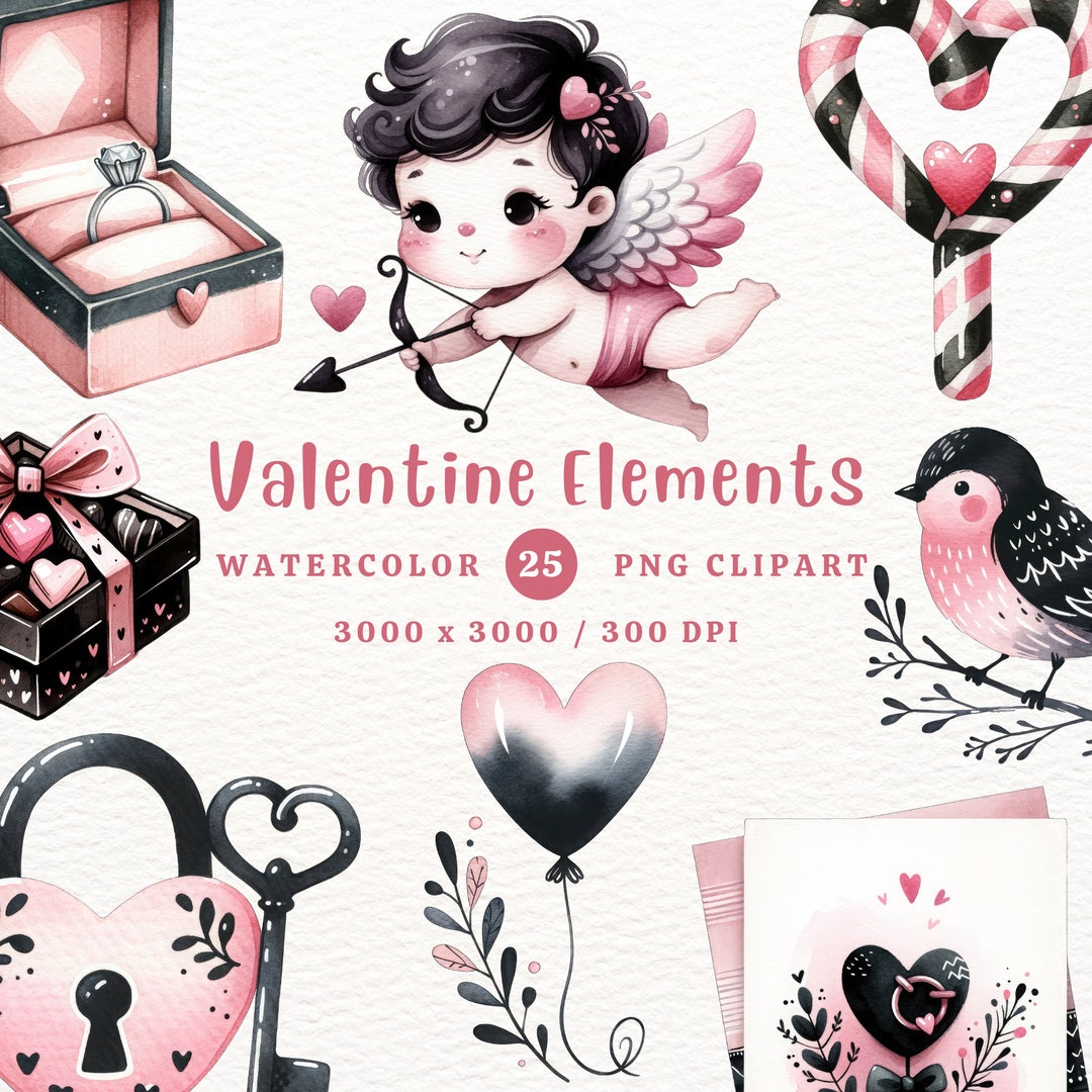 Valentine Watercolor Clipart: Love Elements PNG (digital Download) - Etsy
