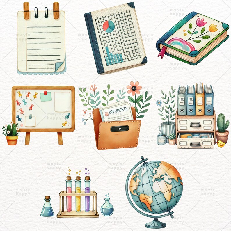 Watercolor School Supply Clipart: 35 PNG Designs (digital Download) - Etsy