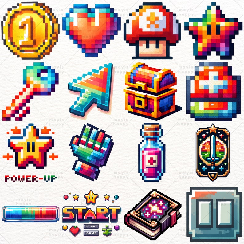 8-bit Video Game Clipart: Watercolor PNG Digital Download - Etsy