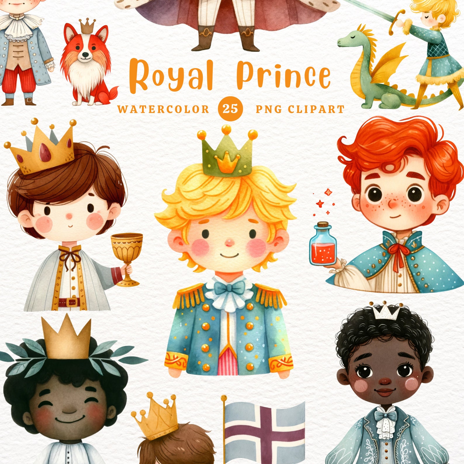 Royal Prince Watercolor Clipart: 25 PNG Illustrations (digital Download ...