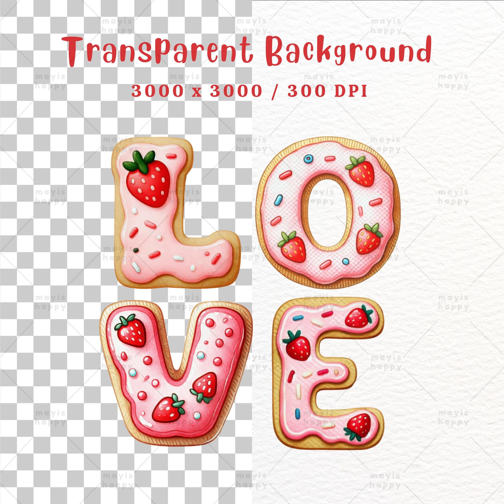 Strawberry Cookie Alphabet Clipart: Valentine Watercolor PNG (digital ...