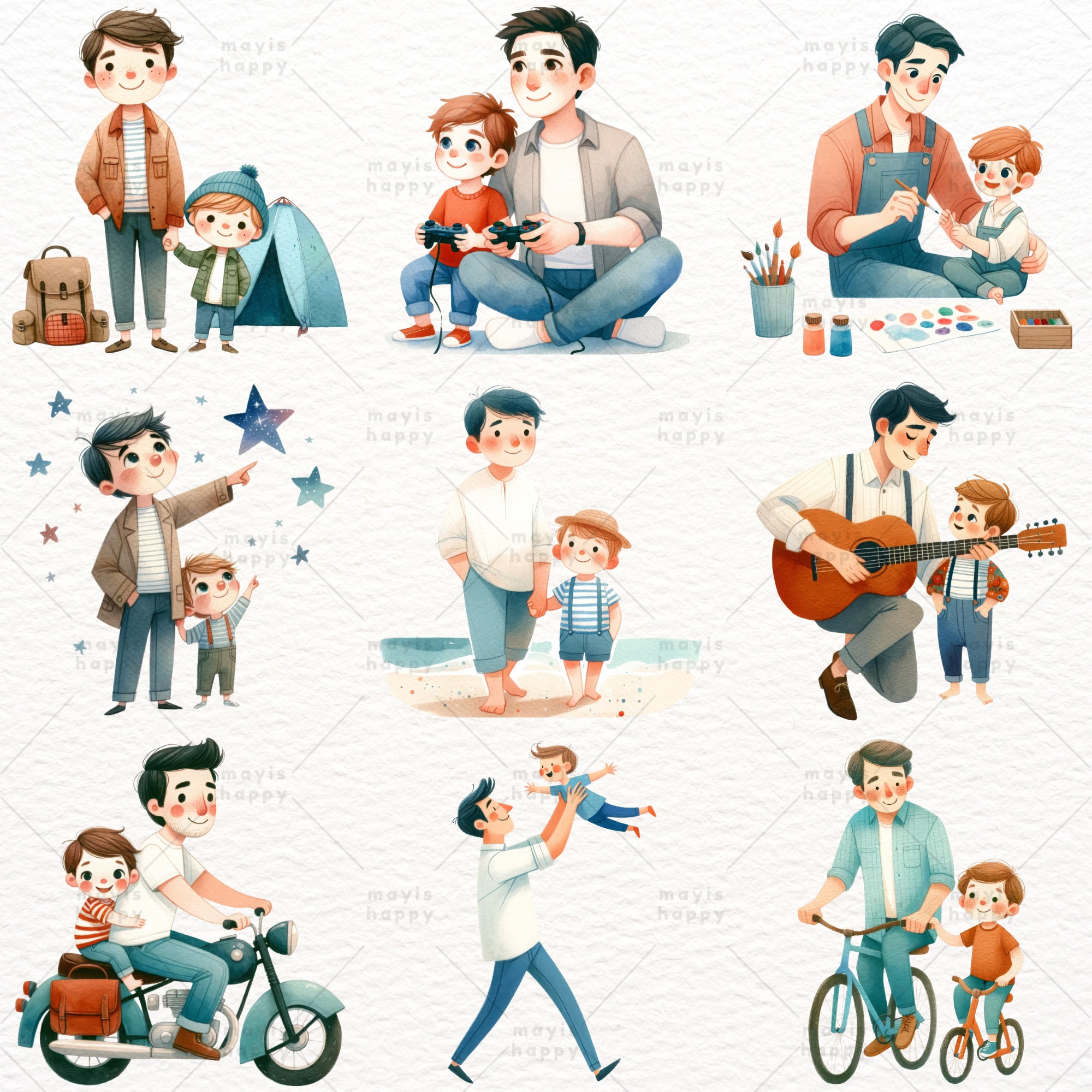 Dad and Son Watercolor Clipart: Father's Day PNG Bundle (digital ...