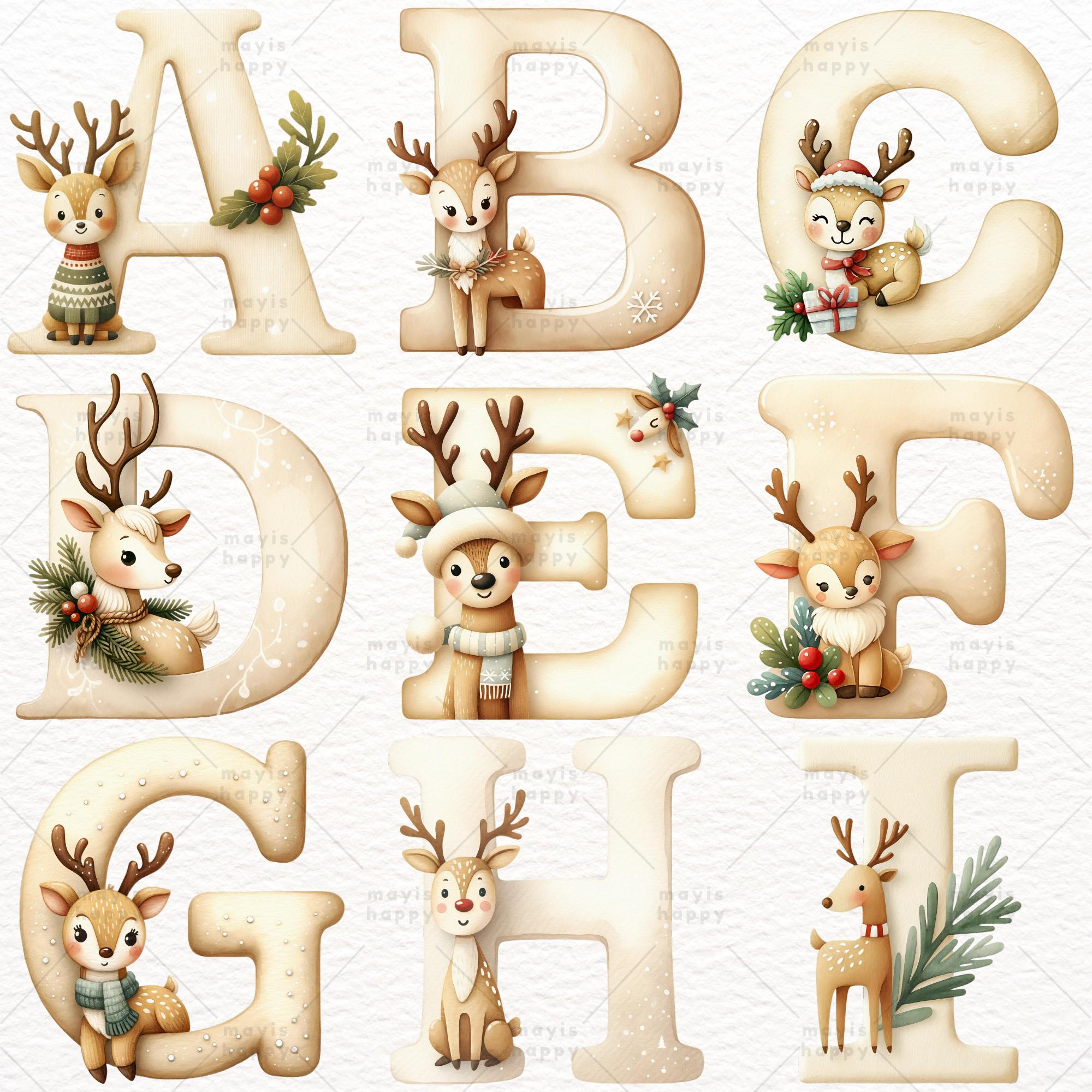 Christmas Reindeer Alphabet Clipart: Watercolor Doodle PNG (digital ...