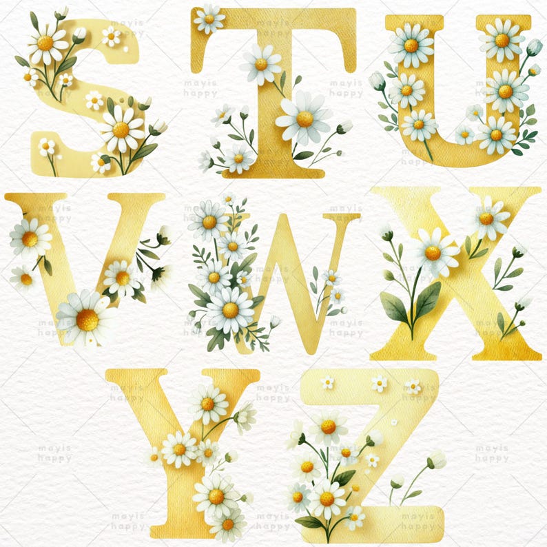 Daisy Flower Alphabet Clipart: Watercolor Doodle Font (digital Download ...