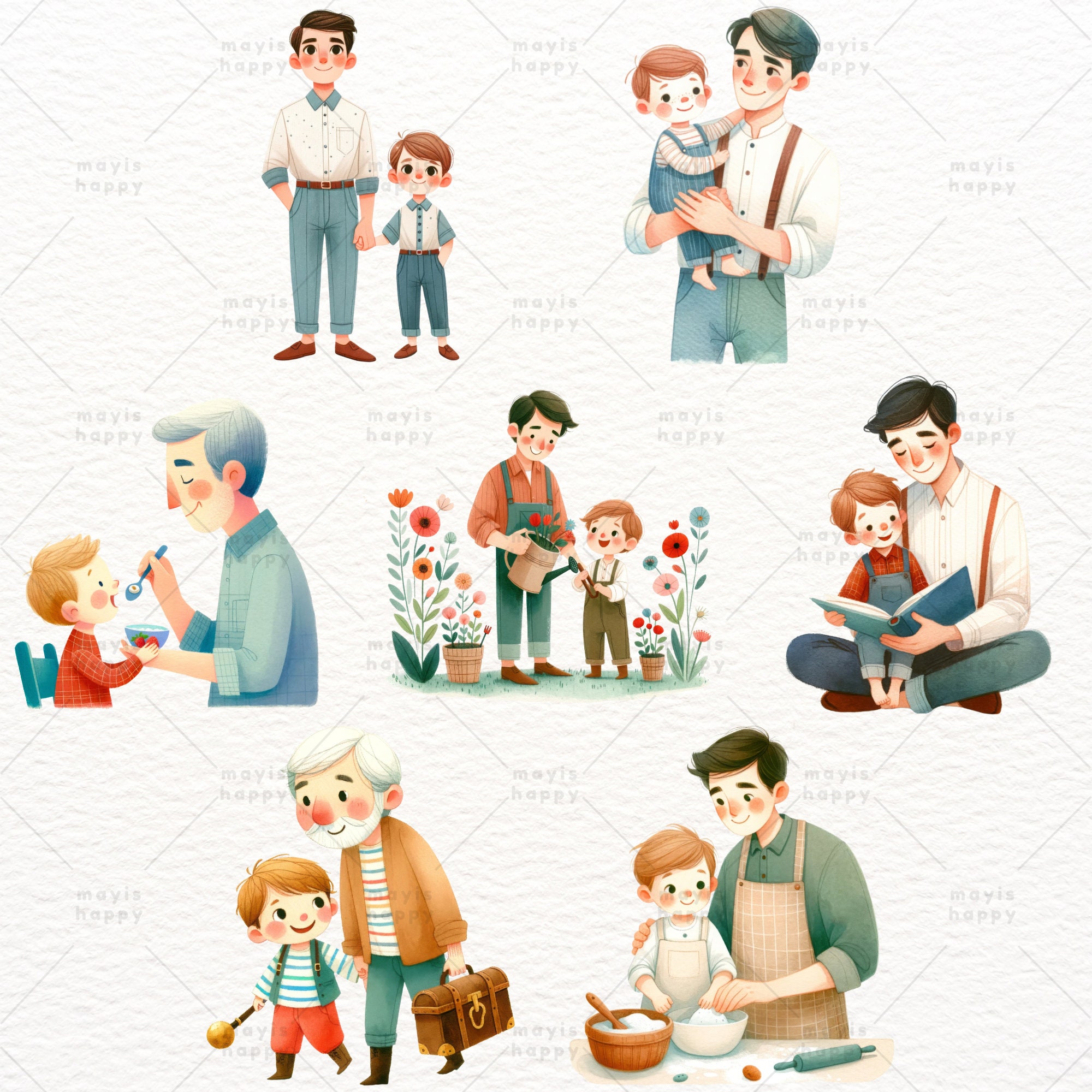 Dad and Son Watercolor Clipart: Father's Day PNG Bundle (digital ...