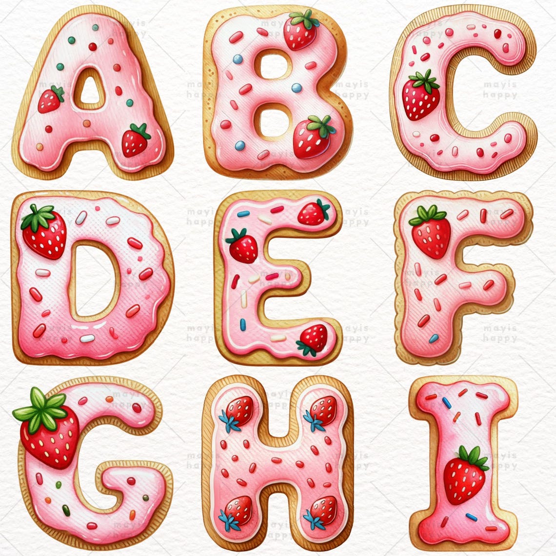 Strawberry Cookie Alphabet Clipart: Valentine Watercolor PNG (digital ...