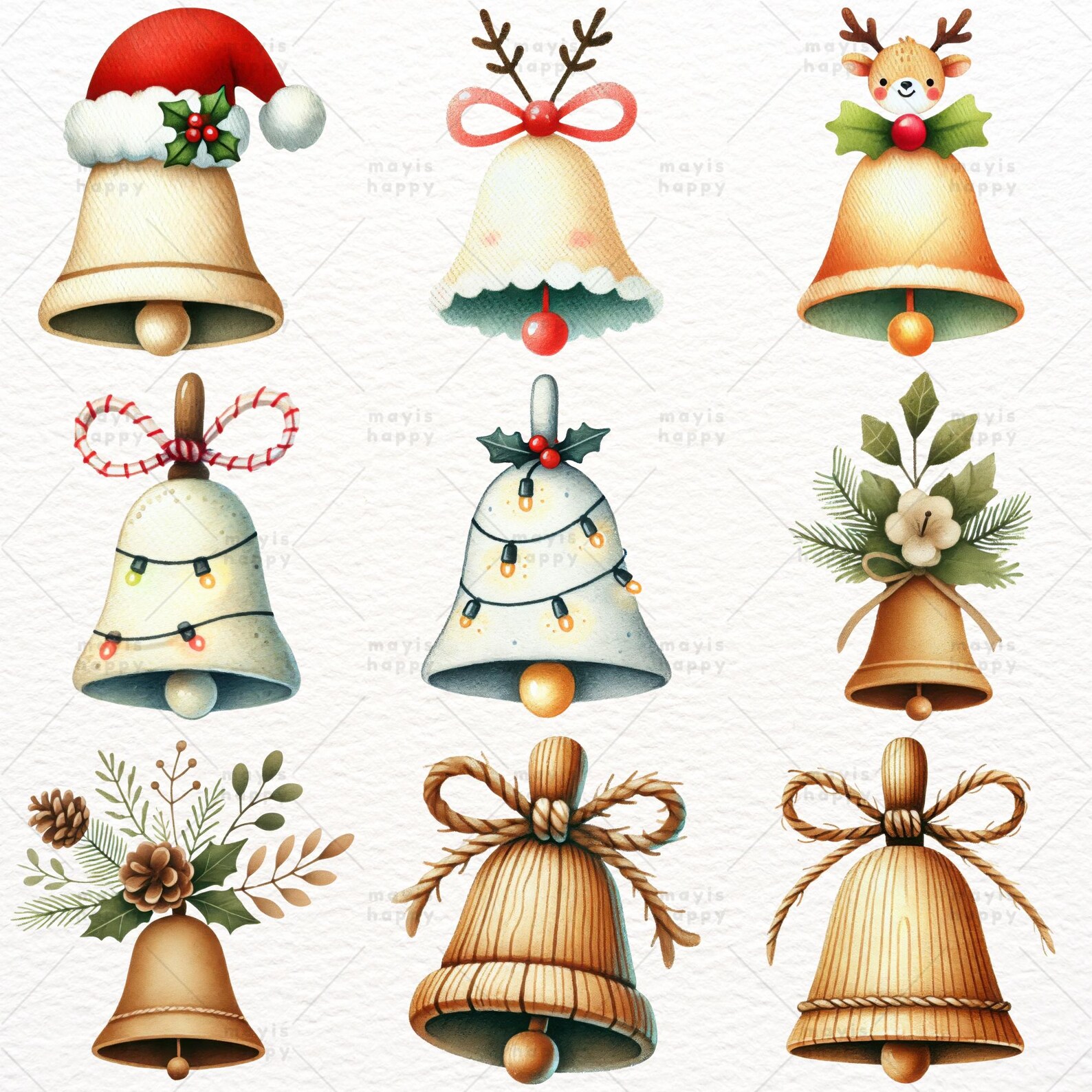 Watercolor Christmas Bell Clipart: Holiday PNG Images (digital Download ...