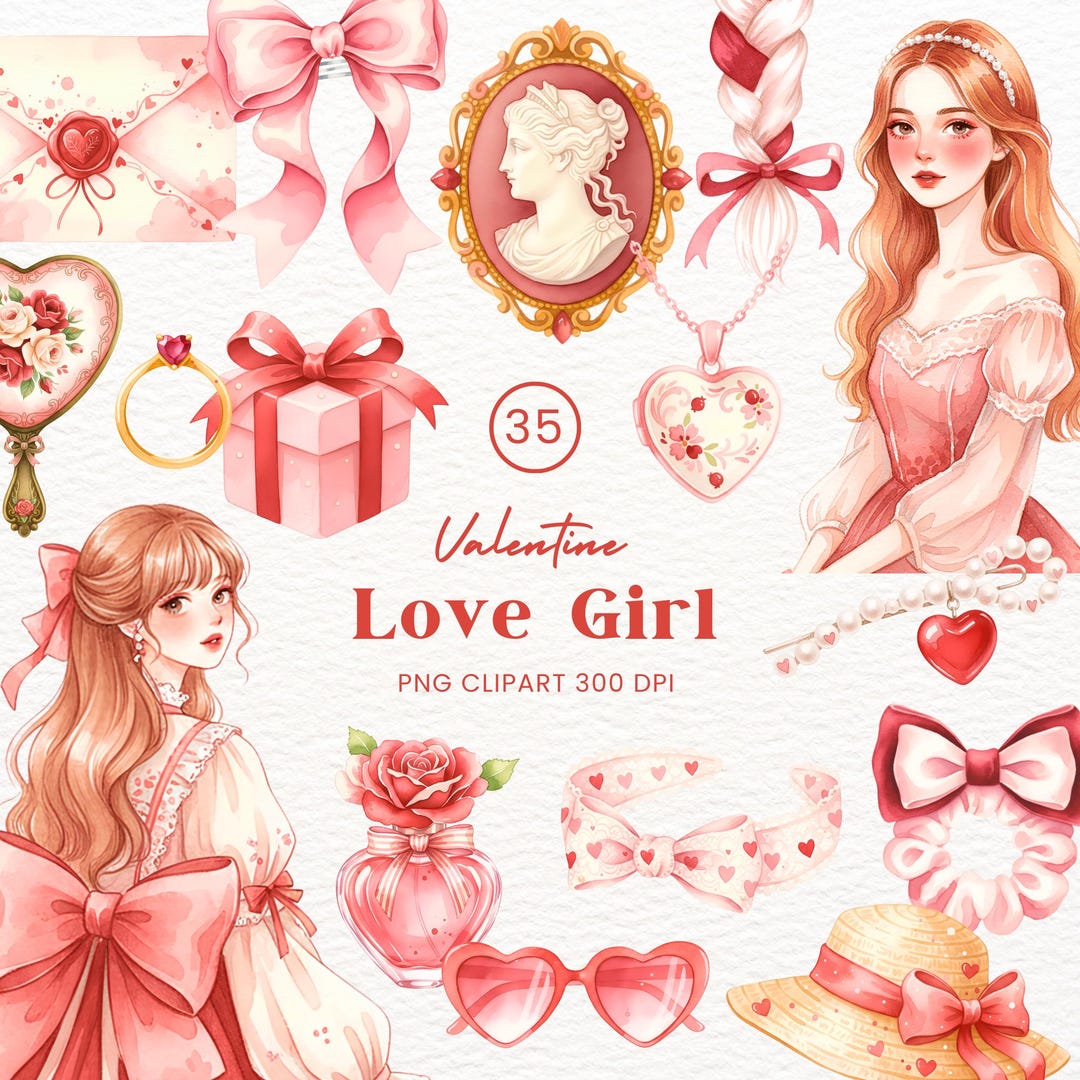 Valentine Love Girl Clipart Set: Watercolor Romantic Pink PNG - Etsy