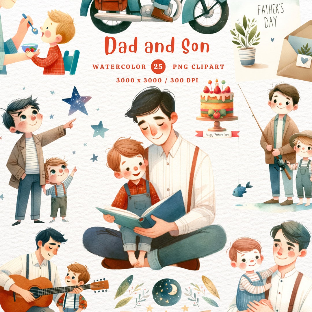 Dad and Son Watercolor Clipart: Father's Day PNG Bundle (digital ...