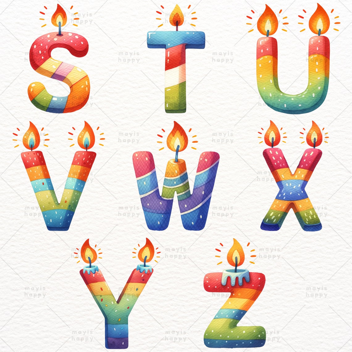 Watercolor Birthday Candle Alphabet Clipart: Transparent PNG (digital ...