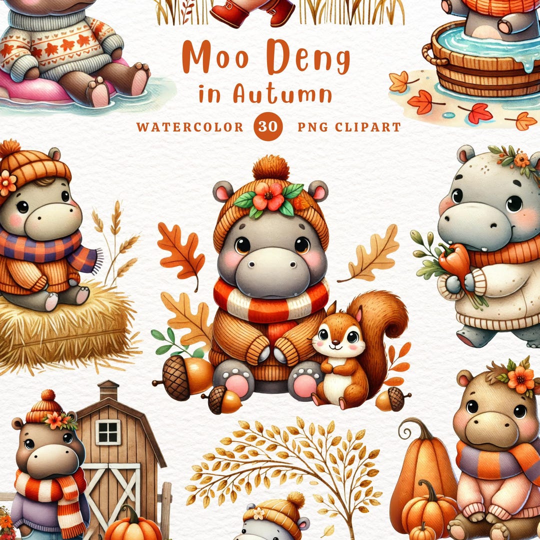 Moo Deng in Autumn Clipart, Pygmy Hippo, Hippopotamus PNG, Autumn Theme ...