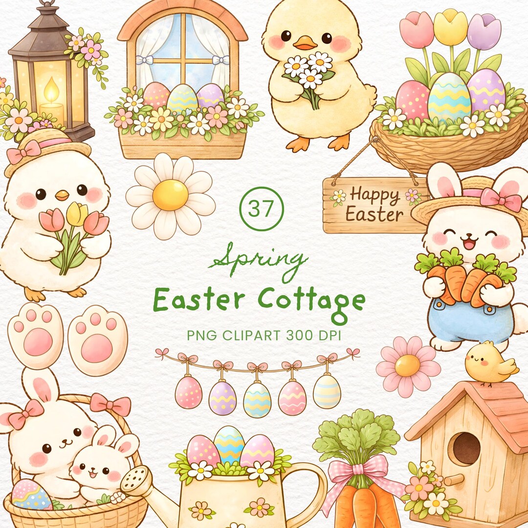 Easter Cottage Clipart Set: Kawaii Spring Illustration PNG - Etsy