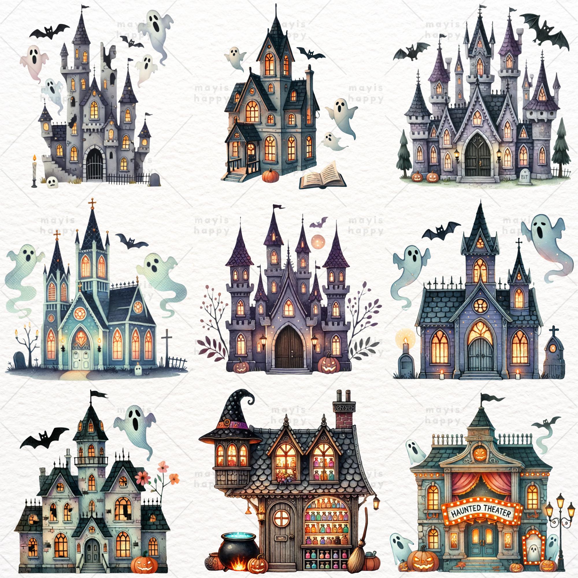 Haunted House Watercolor Clipart: Halloween PNG Bundle (3000x3000px) - Etsy