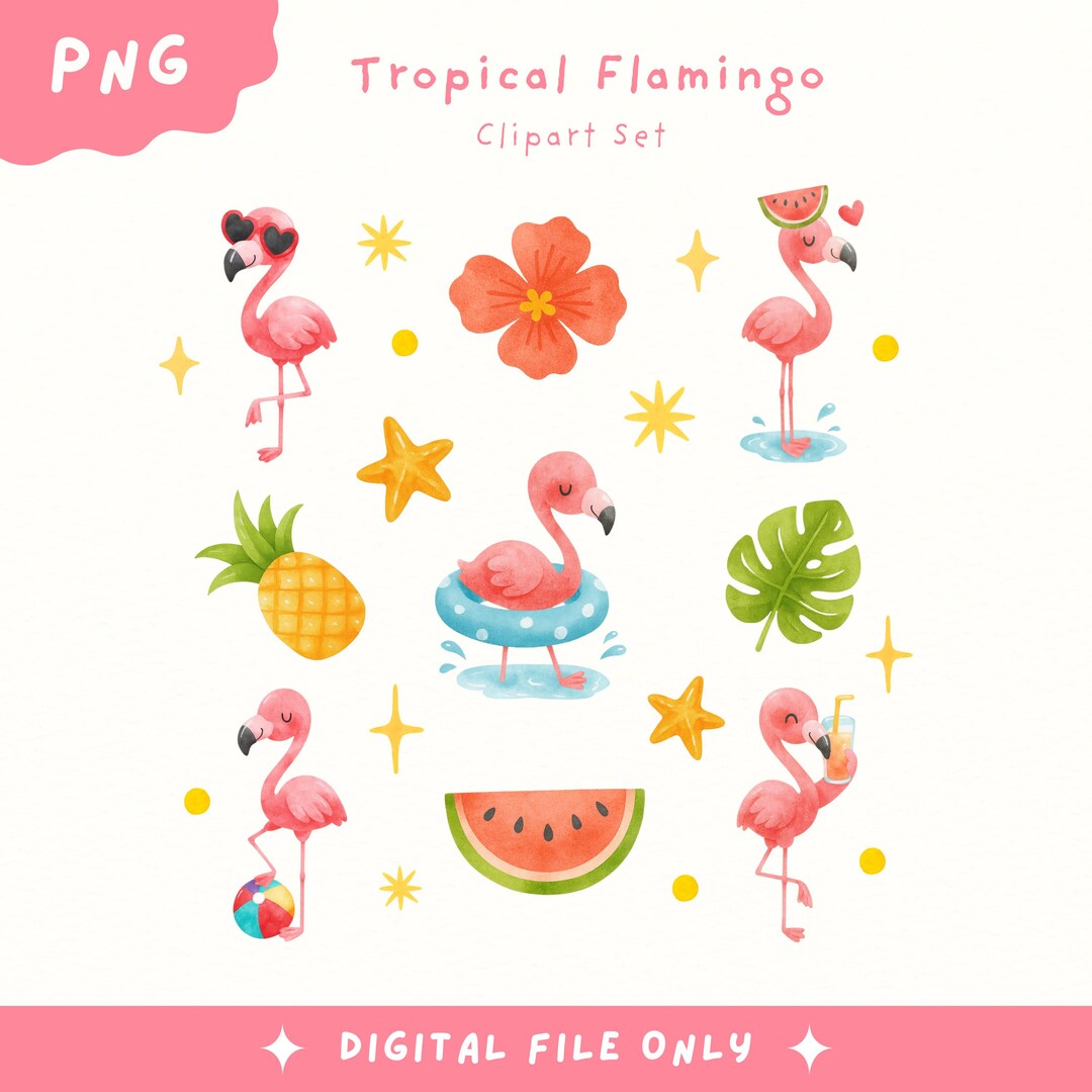Tropical Flamingo Clipart Set, Cute Flamingo Clipart, Summer Flamingo ...