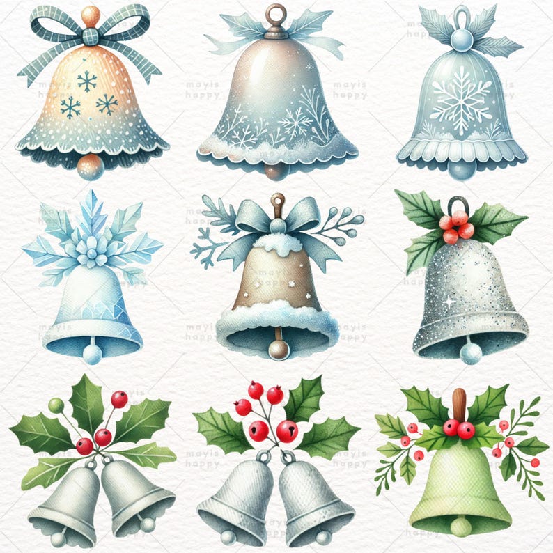 Watercolor Christmas Bell Clipart: Holiday PNG Images (digital Download ...