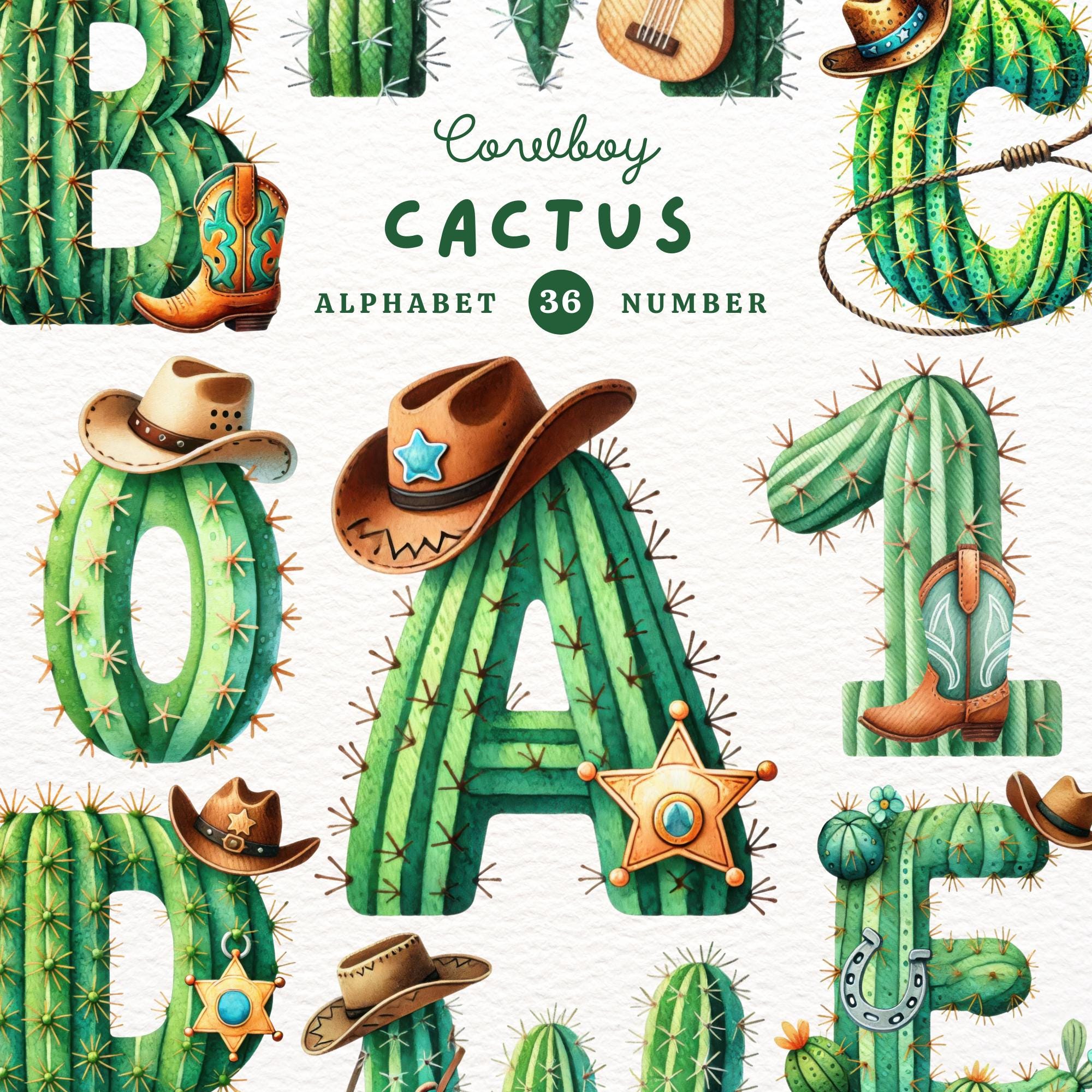 Cowboy Cactus Alphabet Clipart: Watercolor Doodle Font (digital ...