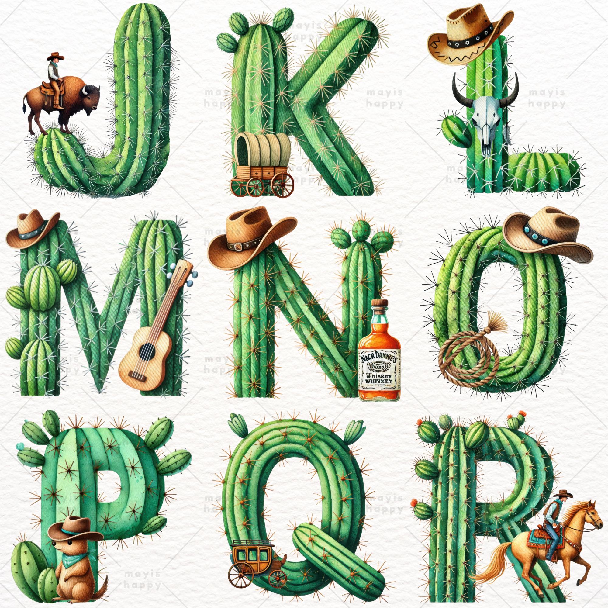 Cowboy Cactus Alphabet Clipart: Watercolor Doodle Font (digital ...