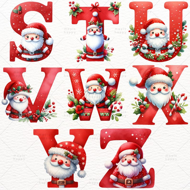 Santa Claus Alphabet Clipart: Watercolor Doodle PNG (digital Download ...