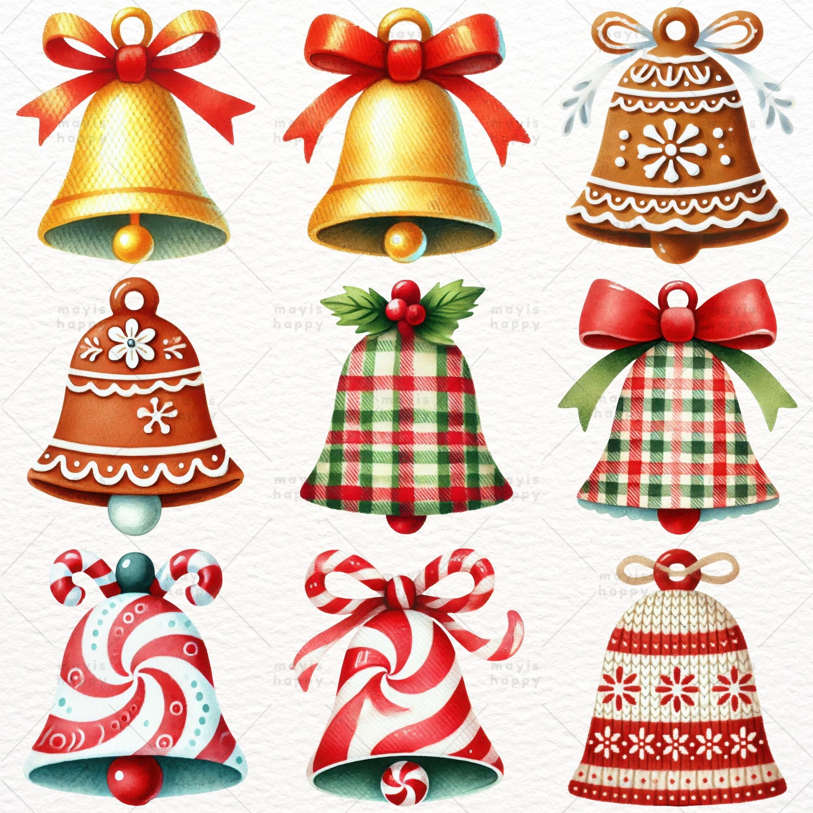 Watercolor Christmas Bell Clipart: Holiday PNG Images (digital Download ...