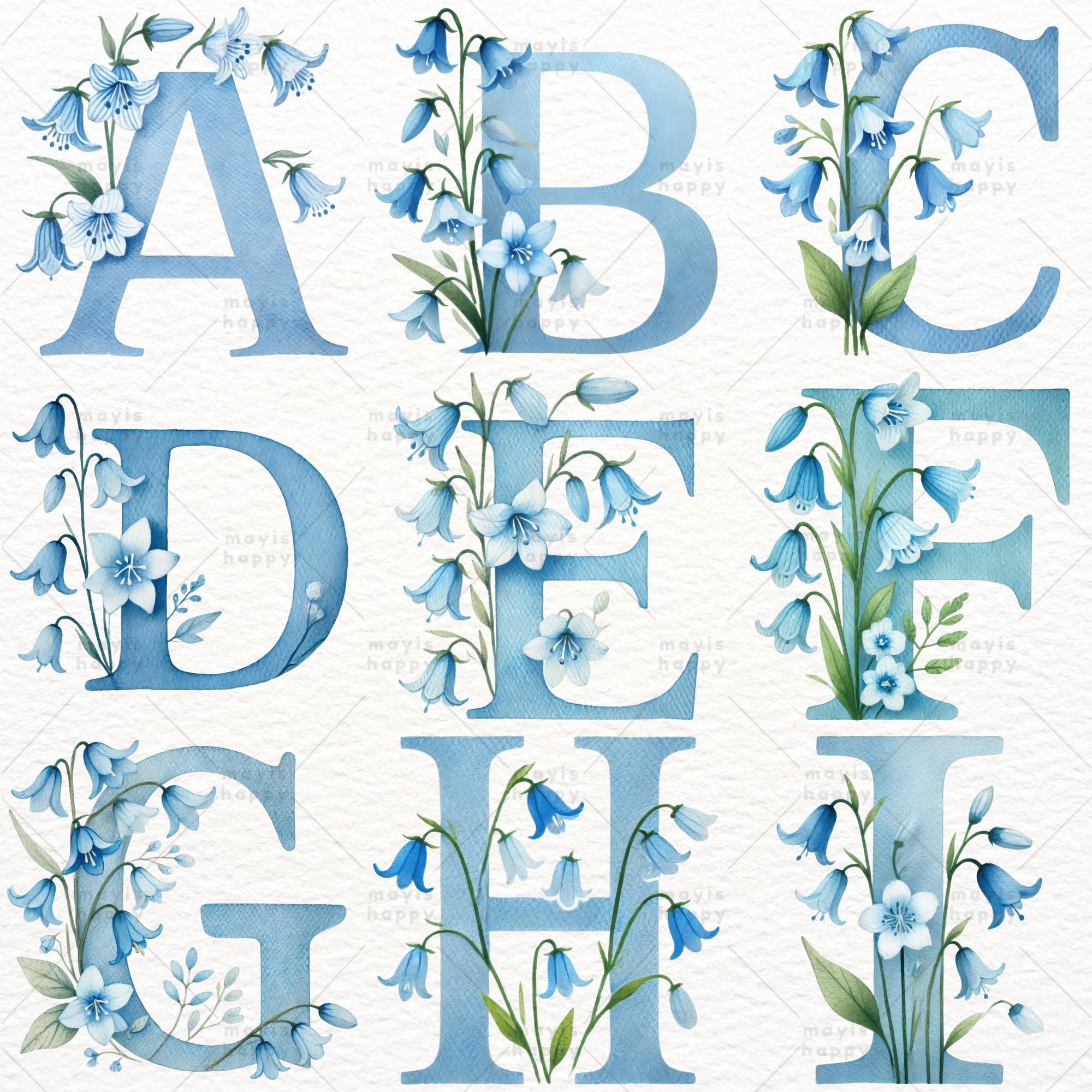 Blue Bell Flower Alphabet Clipart: Watercolor Letter Set (digital ...