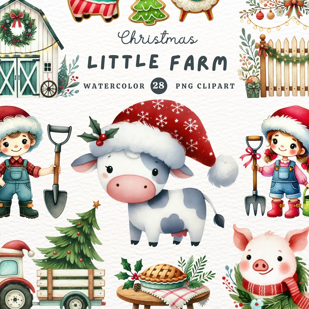 Christmas Farm Animal Clipart: Watercolor PNG Bundle (digital Download ...