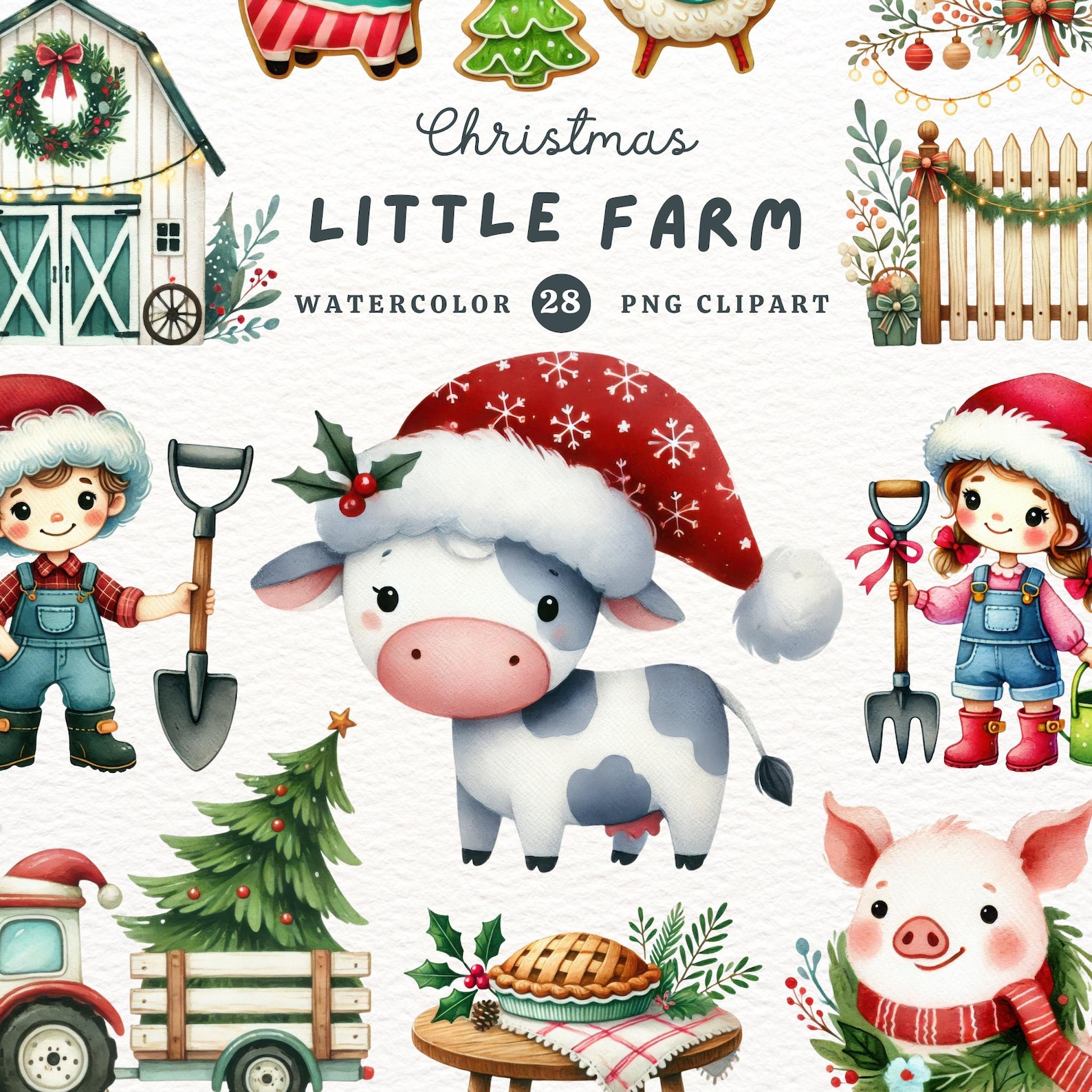 Christmas Farm Animal Clipart: Watercolor PNG Bundle (digital Download ...