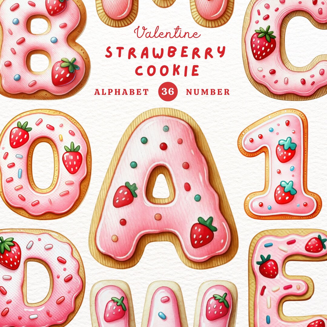 Strawberry Cookie Alphabet Clipart: Valentine Watercolor PNG (digital ...