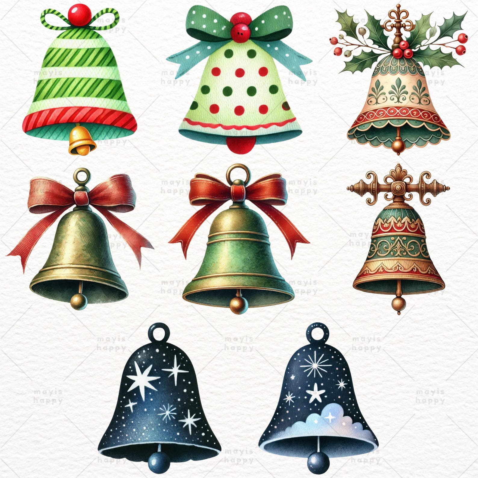Watercolor Christmas Bell Clipart: Holiday PNG Images (digital Download ...