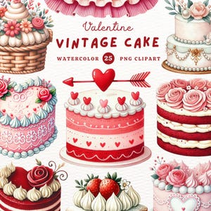 Valentine Vintage Cake Watercolor Clipart: 25 Pngs (digital Download ...