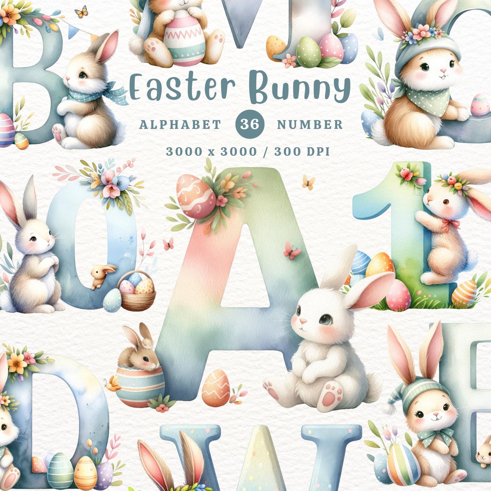 Easter Bunny Alphabet, Easter Clipart, Bunny PNG, Alphabet Clipart PNG ...