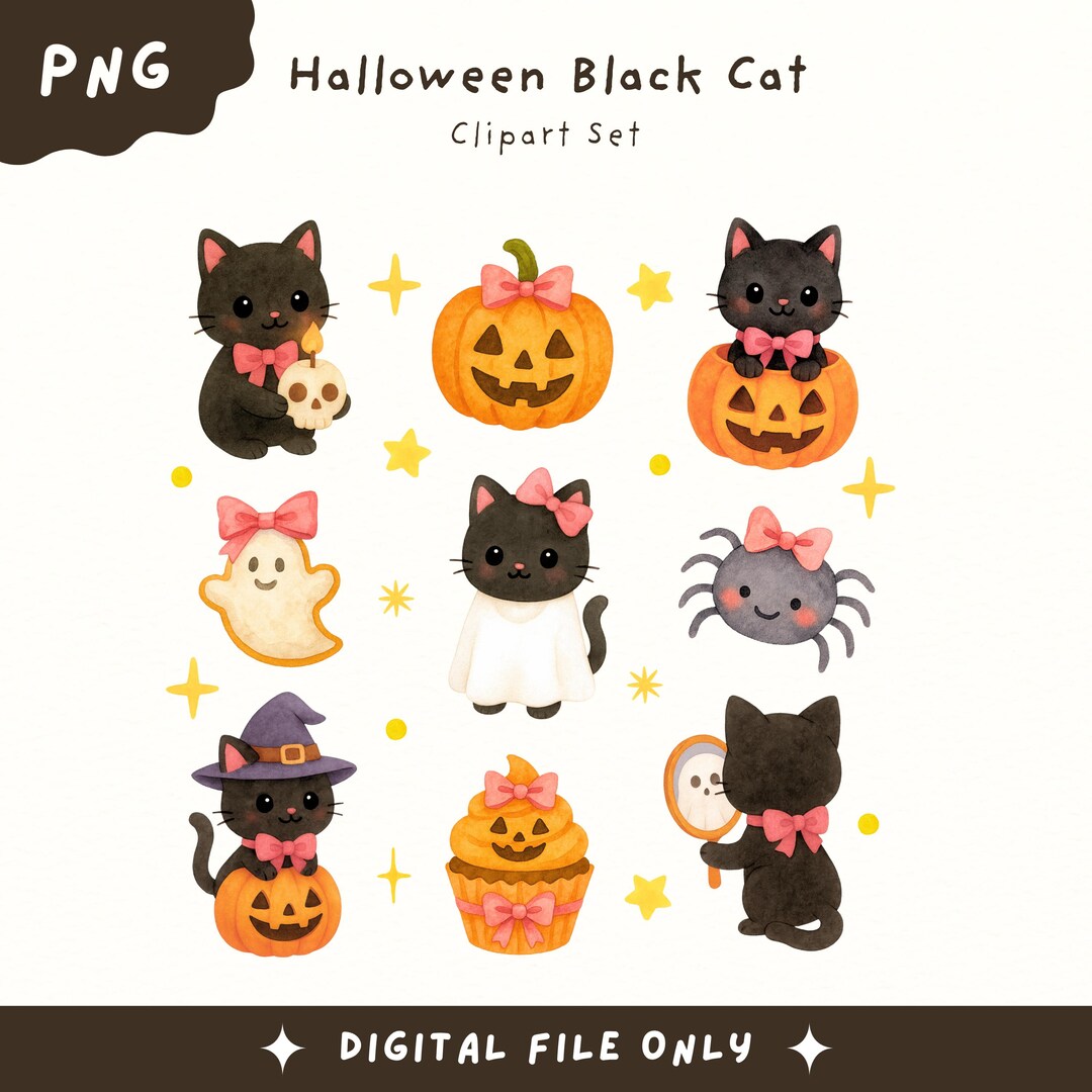 Halloween Black Cat Clipart Set: Watercolor Kawaii PNG (300 DPI) - Etsy