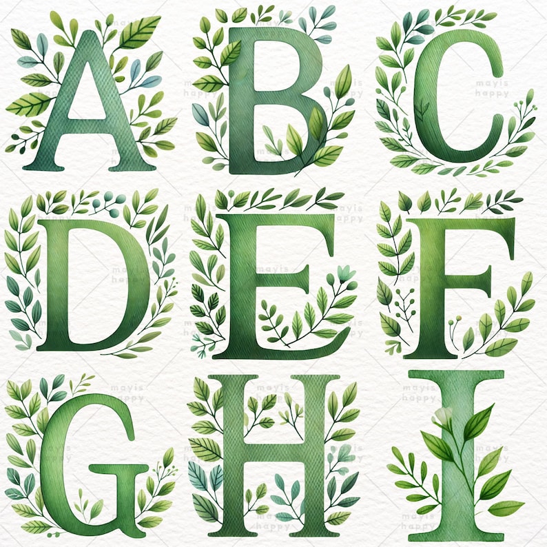 Greenery Alphabet, Leaves Alphabet, Greenery Clipart, Leaves Clipart ...
