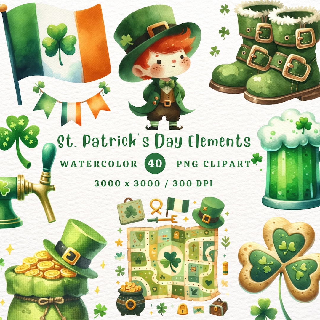 St. Patrick's Day Watercolor Clipart: 40 PNG Elements (digital Download ...