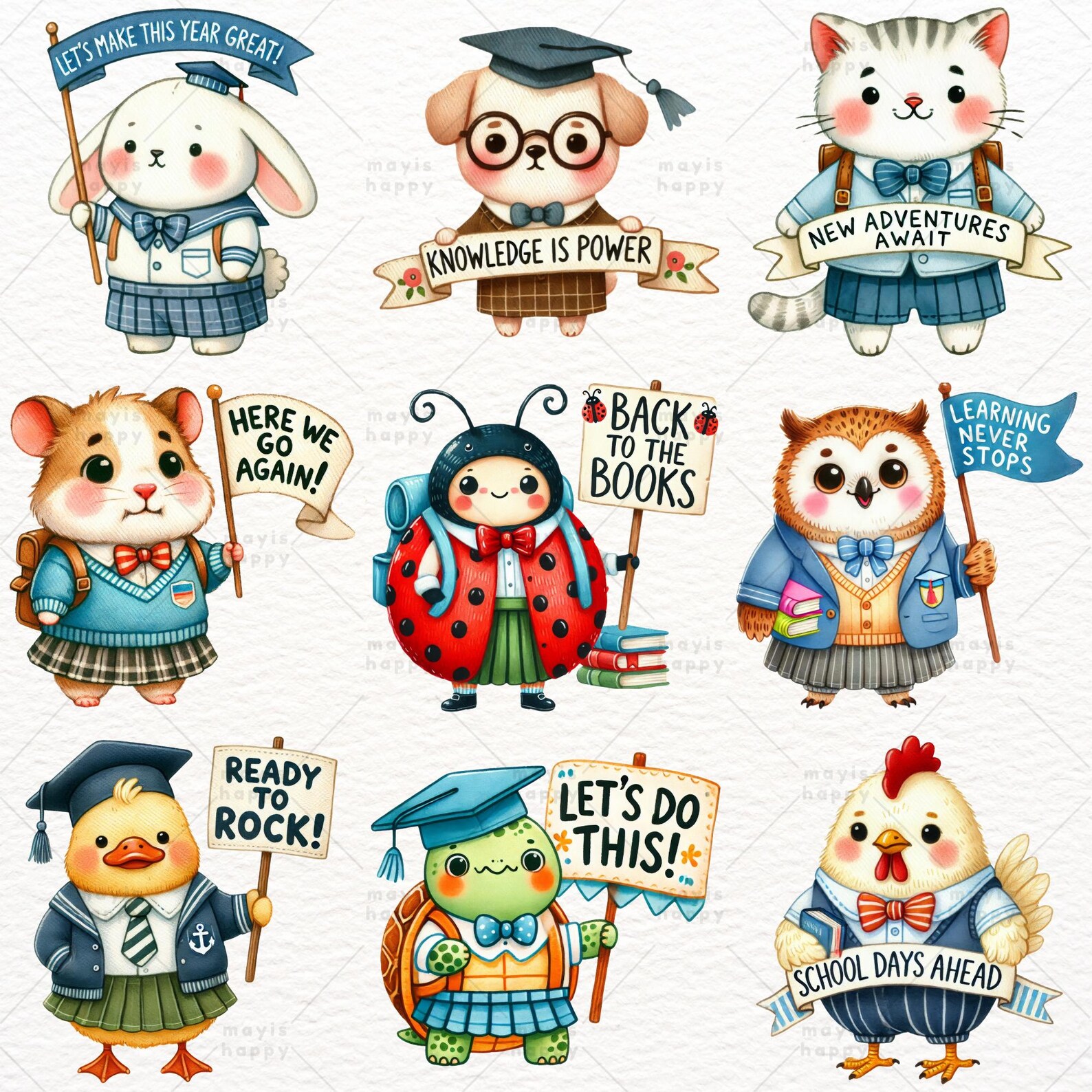 Watercolor Animal Student Clipart: Back to School PNG (digital Download ...