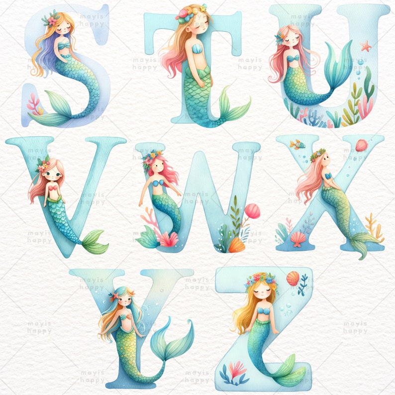 Mermaid Alphabet Clipart: Watercolor Doodle PNG (digital Download) - Etsy