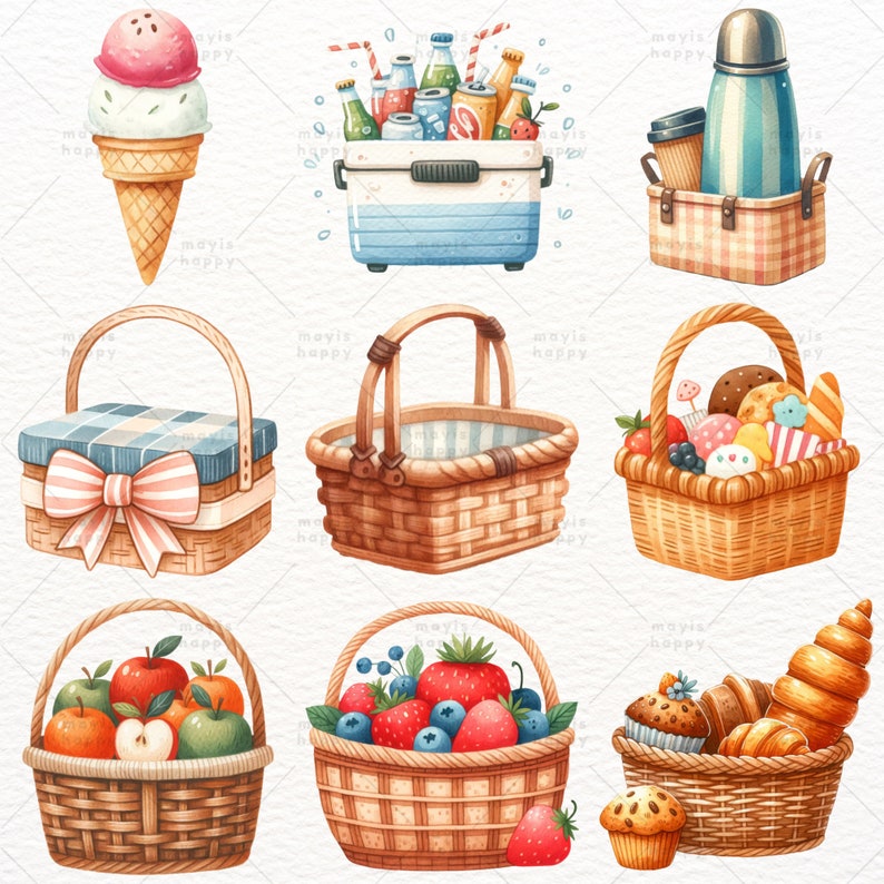 Summer Picnic Clipart: Watercolor PNG Bundle (40 Files) - Etsy