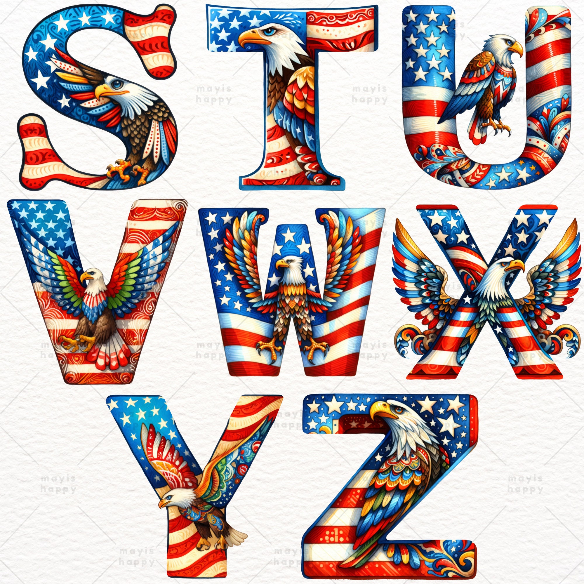 Patriotic Alphabet Clipart: Watercolor Doodle PNG (digital Download) - Etsy