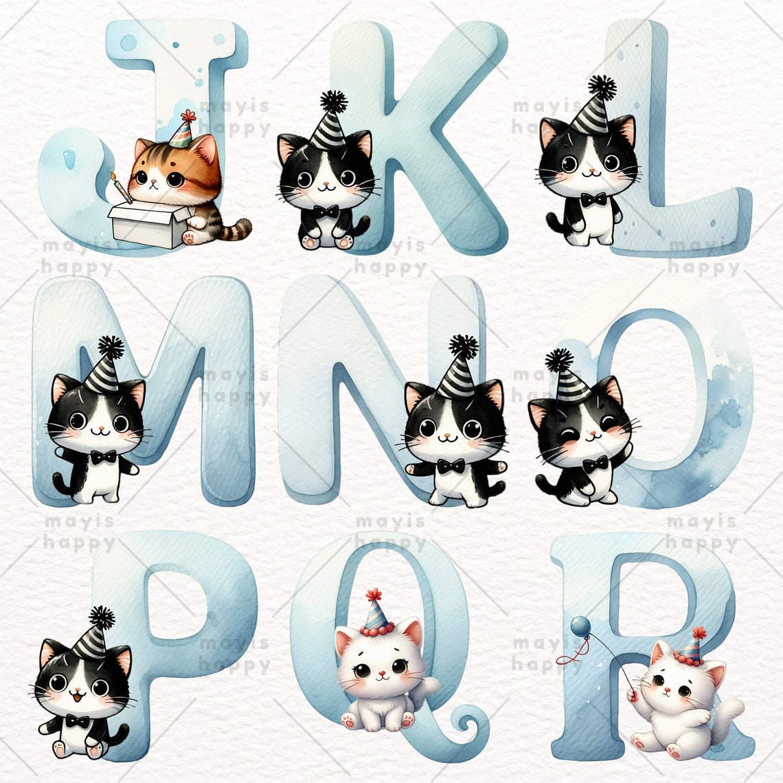 New Year Alphabet Clipart, Cute Cat Alphabet Clipart, New Year Party ...