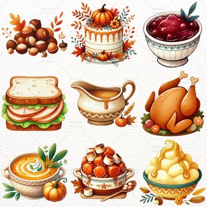 Thanksgiving Dinner Clipart: Watercolor Autumn Food Pngs (3000x3000px ...