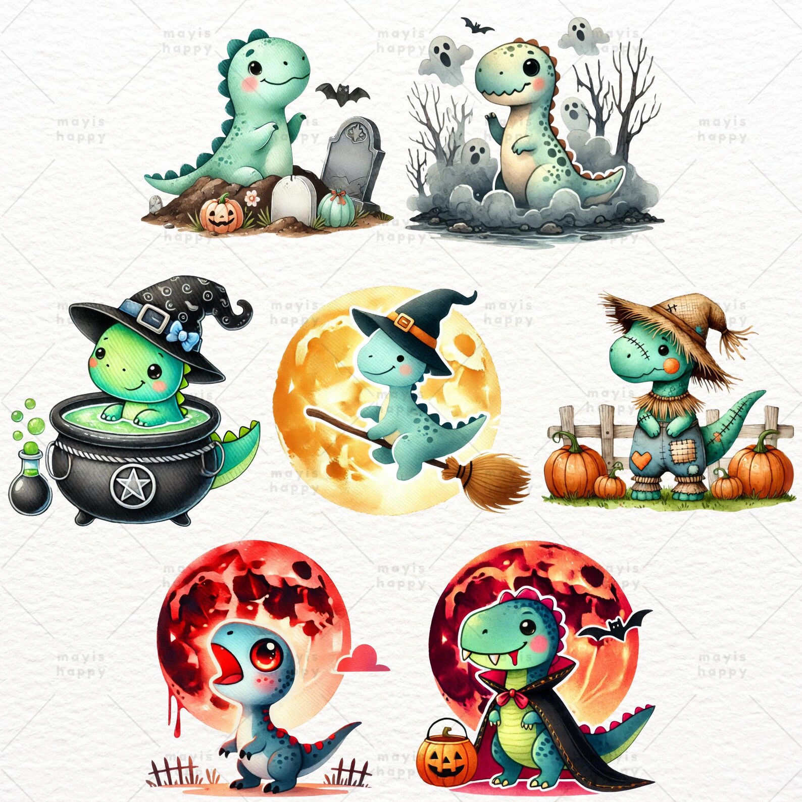 Halloween Dinosaur Watercolor Clipart: 25 PNG Bundle (digital Download ...