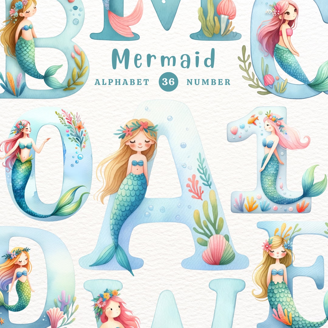 Mermaid Alphabet Clipart: Watercolor Doodle PNG (digital Download) - Etsy