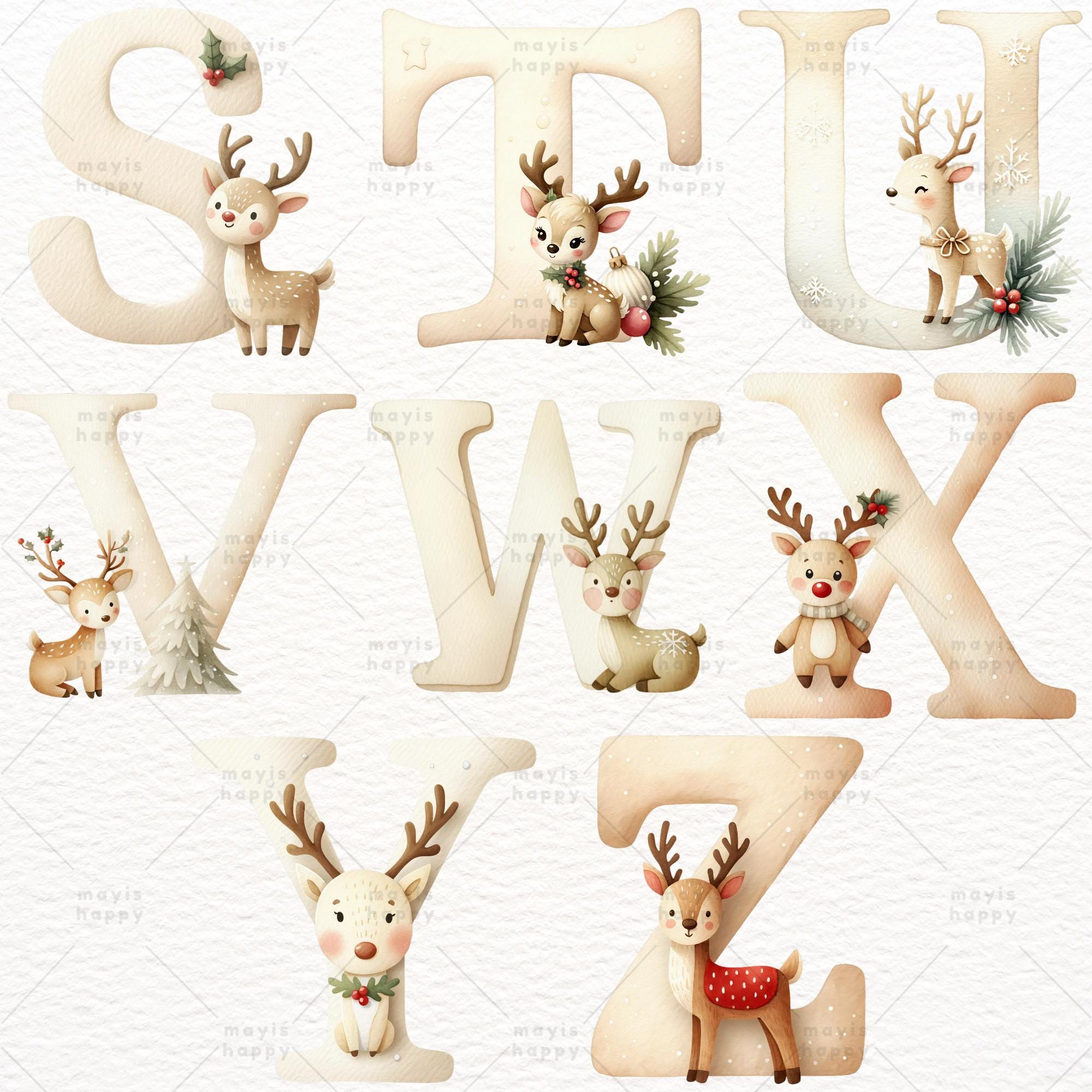 Christmas Reindeer Alphabet Clipart: Watercolor Doodle PNG (digital ...