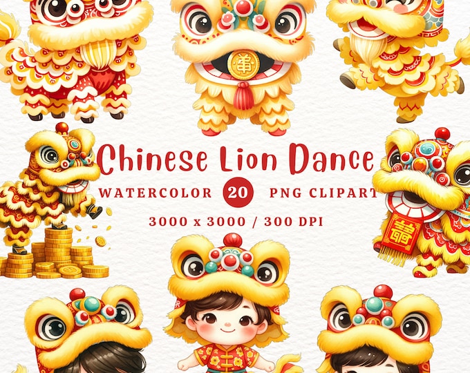 Lion Dance Watercolor Clipart: Chinese New Year PNG Graphics (digital ...