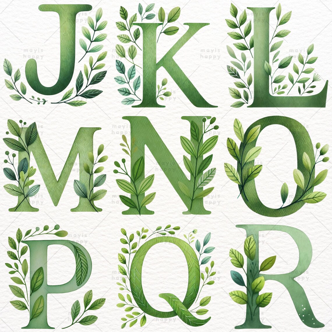 Greenery Alphabet Clipart: Watercolor Leaves PNG (digital Download) - Etsy